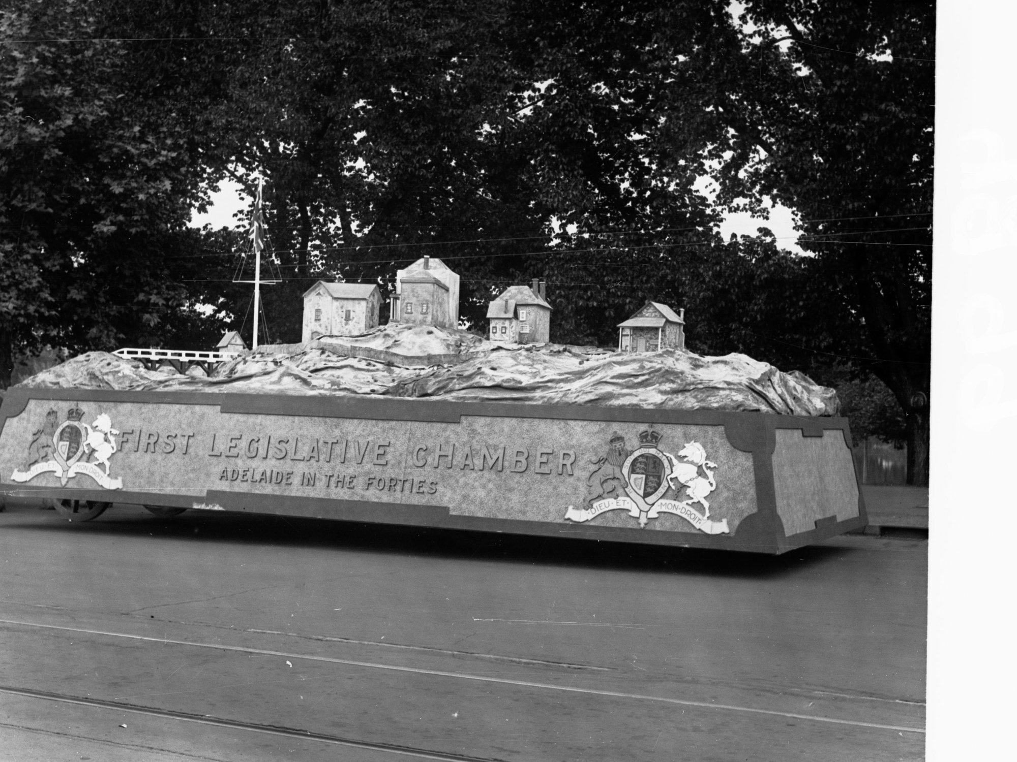Pageant of progress showing first legislative chamber float, float ...