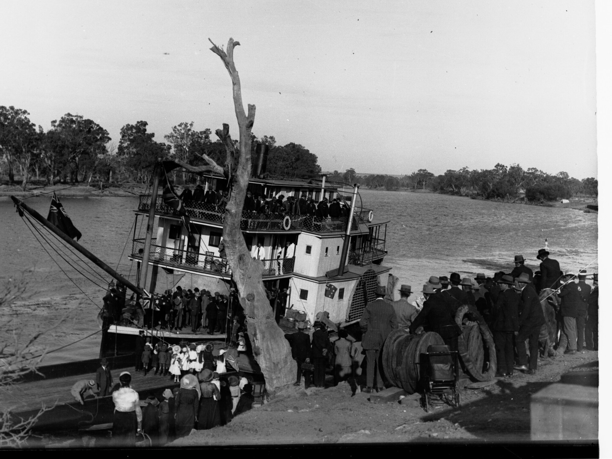 Paddlesteamer docking on River Murray bank | History Trust